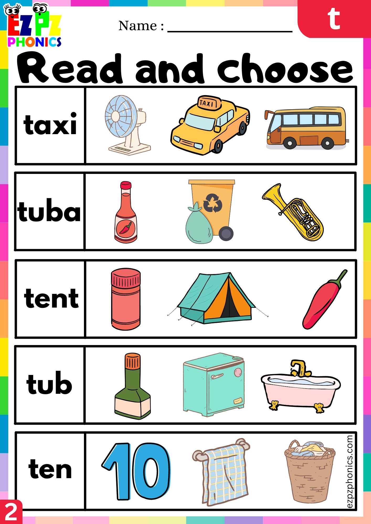 Group2 Letter T Read And Choose Beginning Sounds Worksheet - ezpzphonics.com